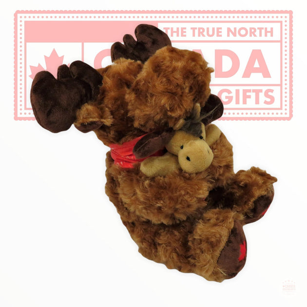 Canada Moose Hugging Baby Moose with With Maple Leaf Scarf Around the