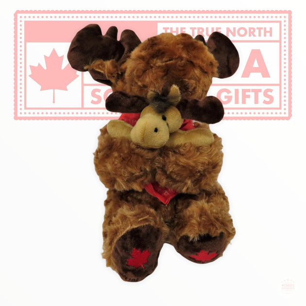 Canada Moose Hugging Baby Moose with With Maple Leaf Scarf Around the