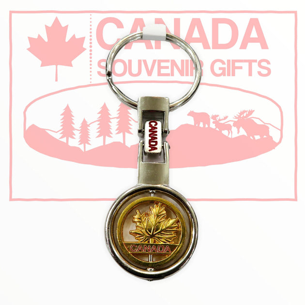 Canadian Maple Leaf Golden Circle Spinner Keychain - Metal Chrome Keyr